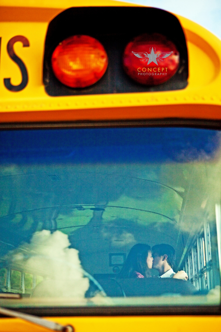 Fun School Bus Engagement Session - Concept Photography